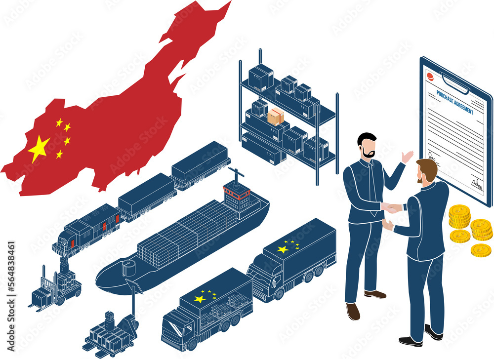 3D isometric China Logistics concept with Import and export cargo ...