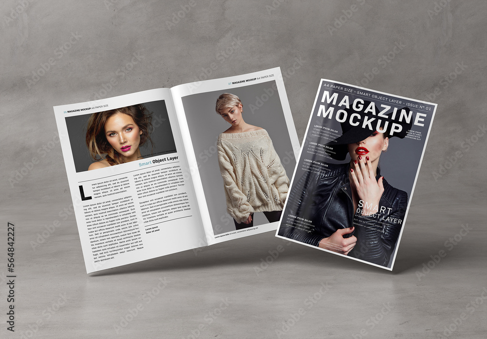 Magazine Cover and Open Magazine Mockup on Concrete Background Stock ...