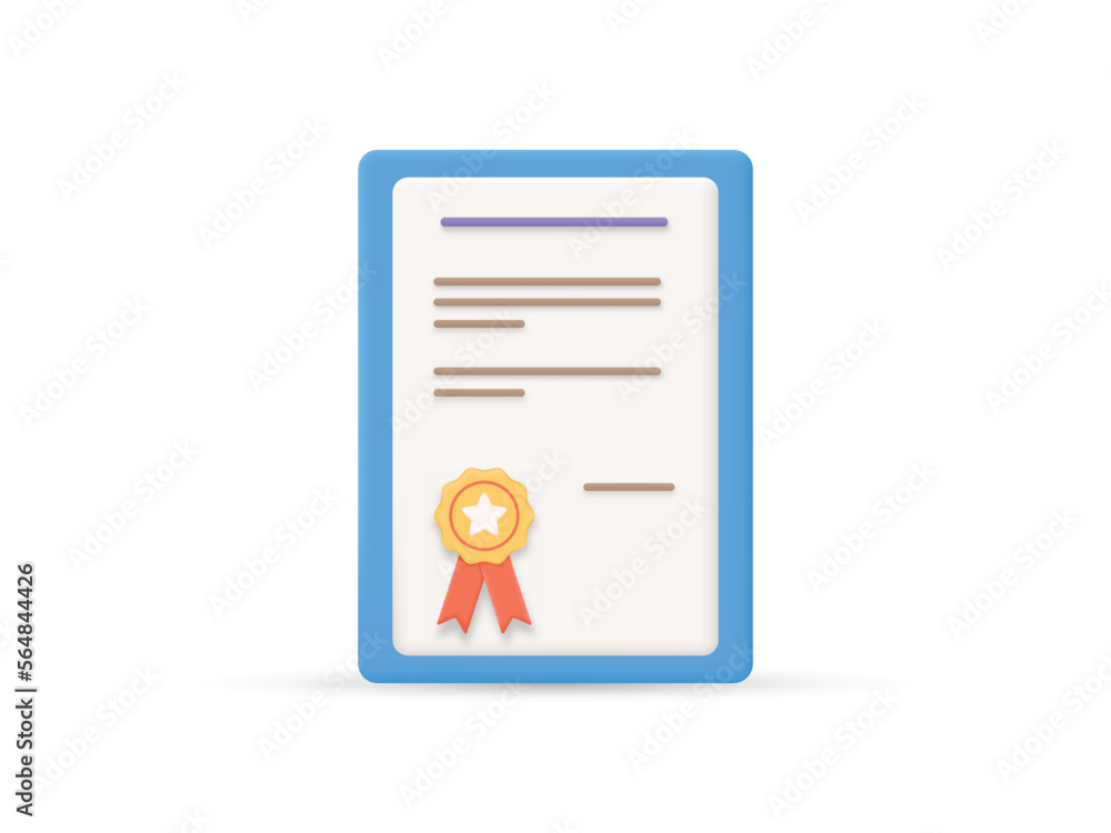 3D certificate icon. Achievement, award, grant, diploma concept Stock ...