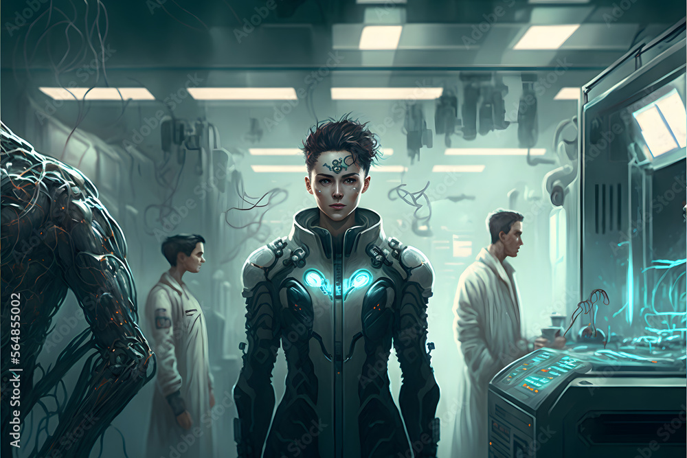 cyborg man standing in lab with humans created using AI Generative ...