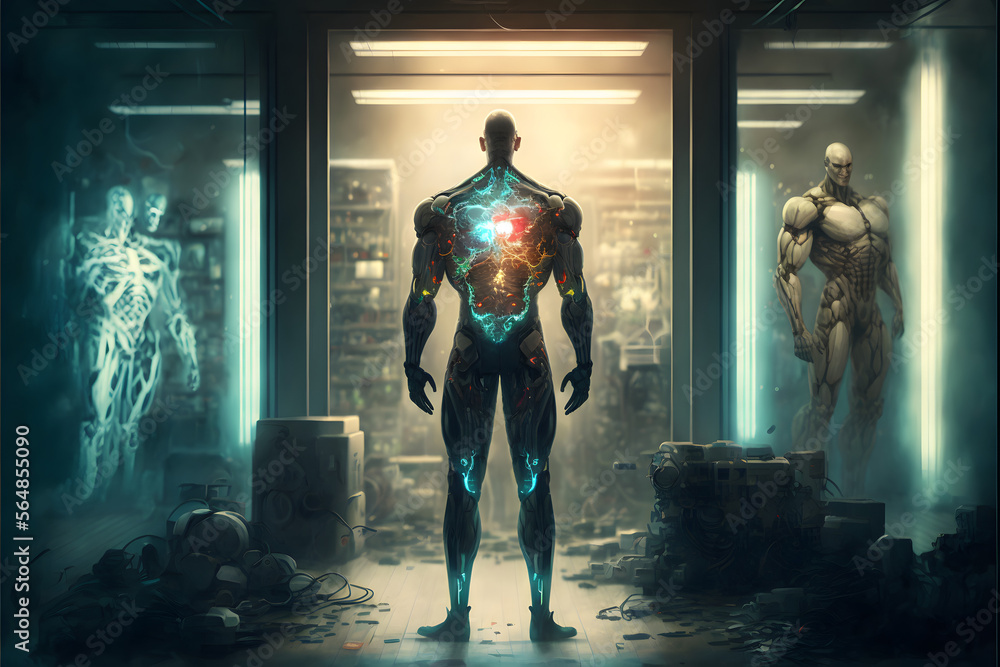 cyborg man standing in lab with humans created using AI Generative ...