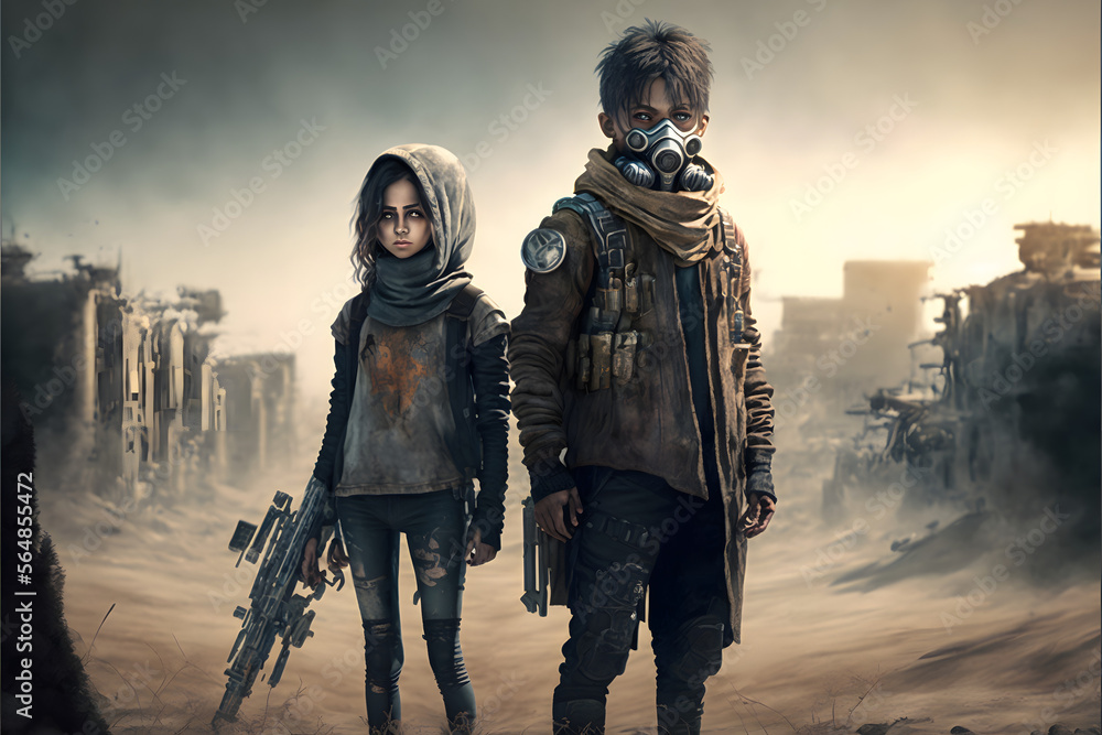two kids holding weapon in a dystopian world created using AI ...
