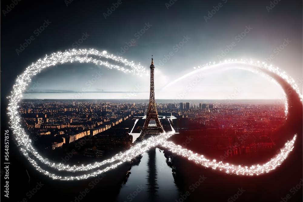 White laser infinity symbol of eternal love in front of Eiffel Tower ...