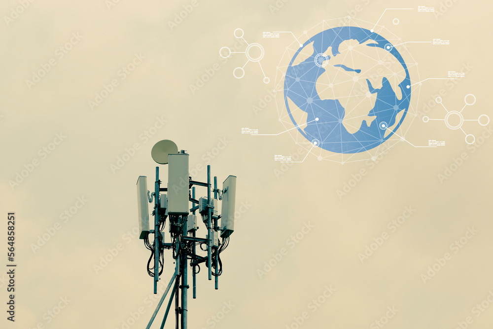 Satellite TV antenna repeater tower on sky background with copy space ...