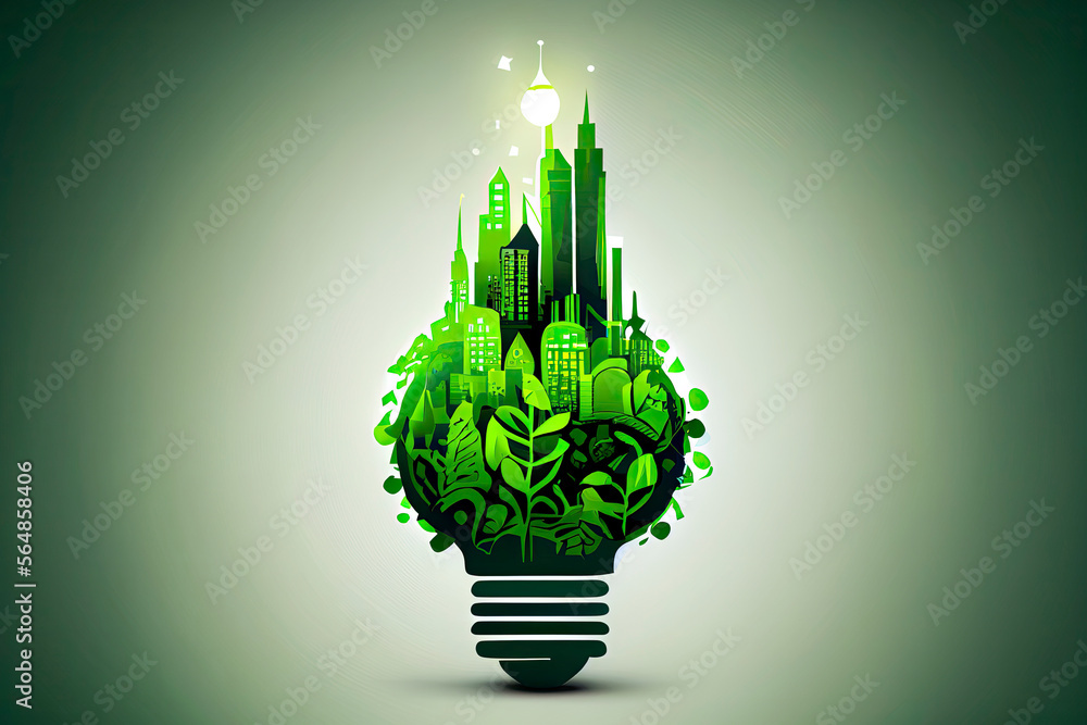 green city and recycle logo with bulb eco concept vector illustration ...