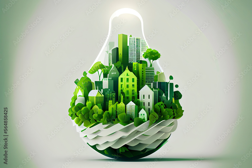 green city and recycle logo with bulb eco concept vector illustration ...