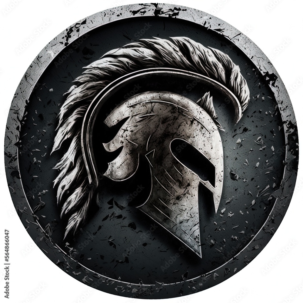 Spartan helmet emblem illustration in silver circle, logo, white ...