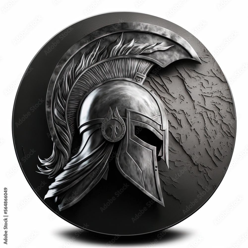 Spartan helmet emblem illustration in silver circle, logo, white ...
