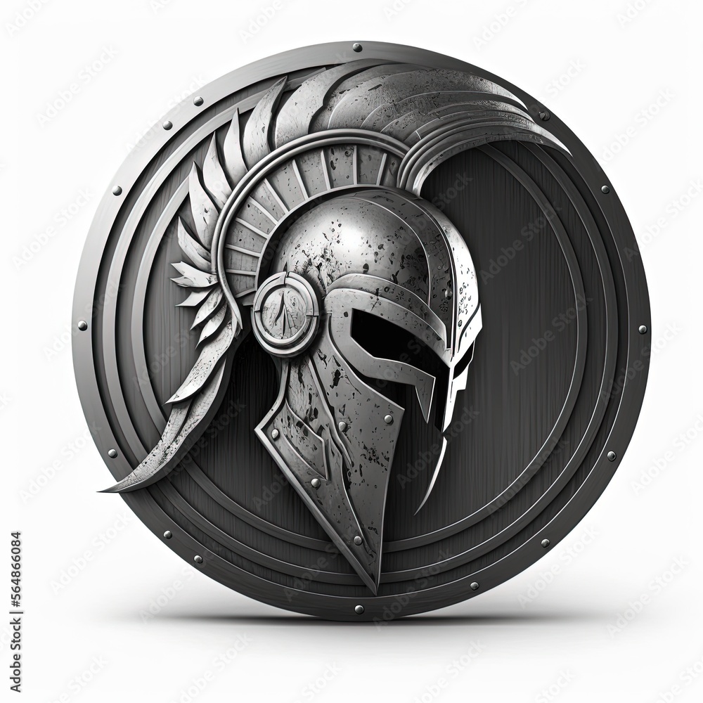 Spartan helmet emblem illustration in silver circle, logo, white ...