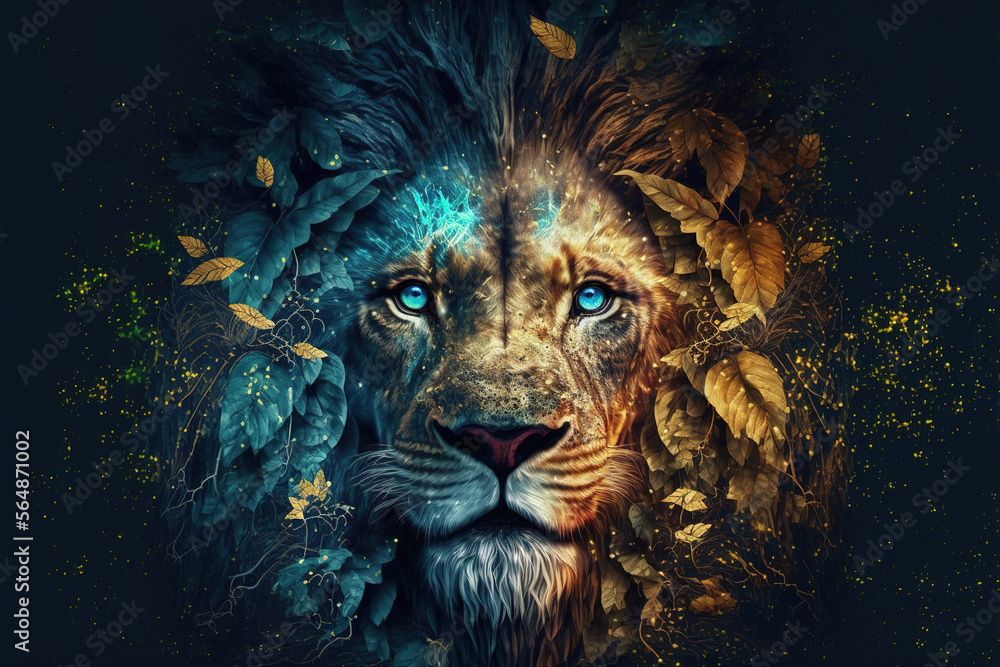 Fantacy Mythical Lion Face in The Forest with Golden Spot - Generative ...