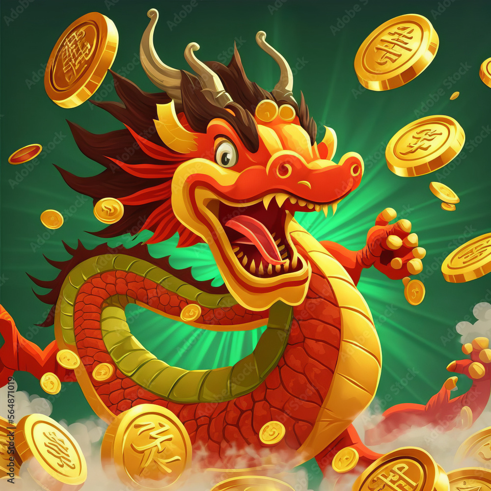 happy red dragon with a gold coin flying around. money flying around ...