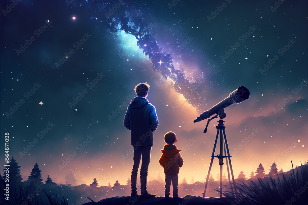 Dad and Son look at the night sky on top of the mountain and see the ...