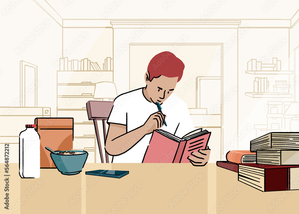 Focused student studying books at desk Stock Photo | Adobe Stock