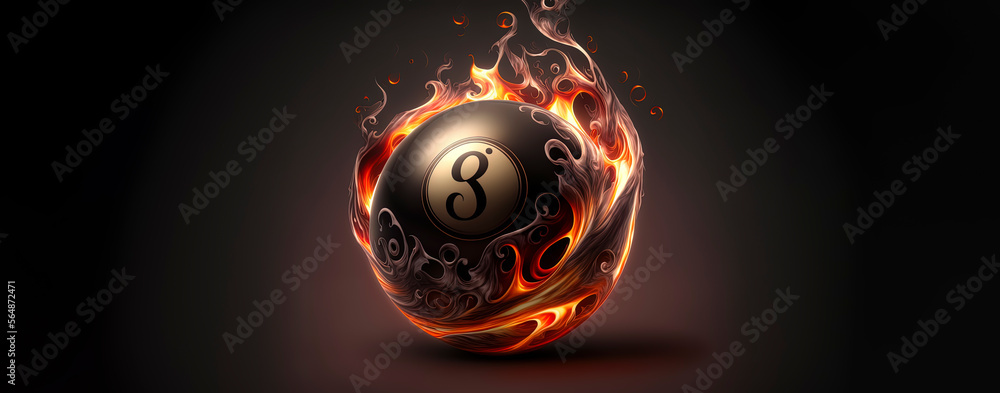 8 Ball on fire, dark fantasy, black eight ball snooker ball with flames ...