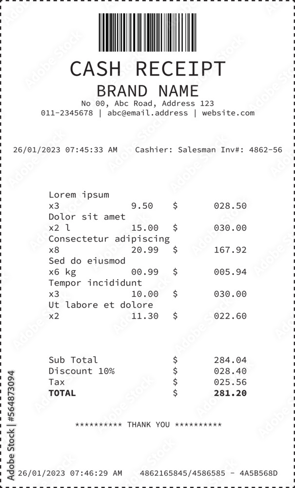 Sample Grocery Invoice Bill Receipt Template Stock Vector | Adobe Stock
