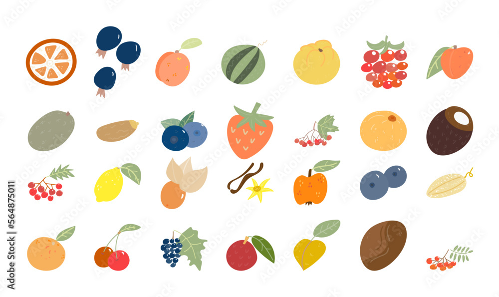 Colorful Flat Fruit Vector Set.Various fruits, including apples ...