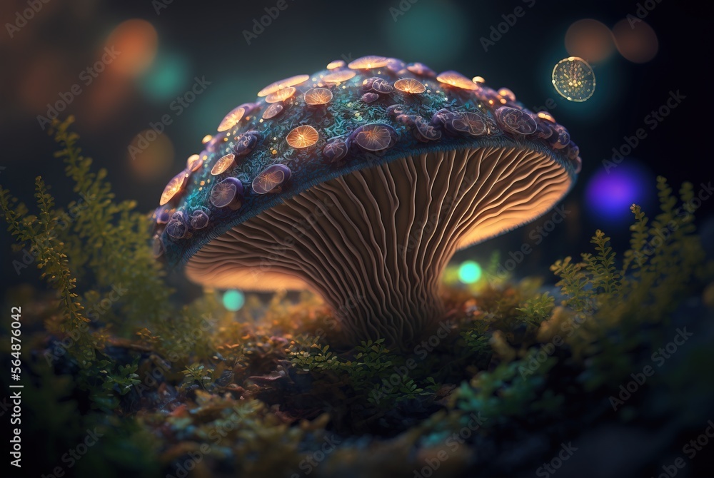 Magic mushroom glowing bright on mythical fantasy forest ground soil ...