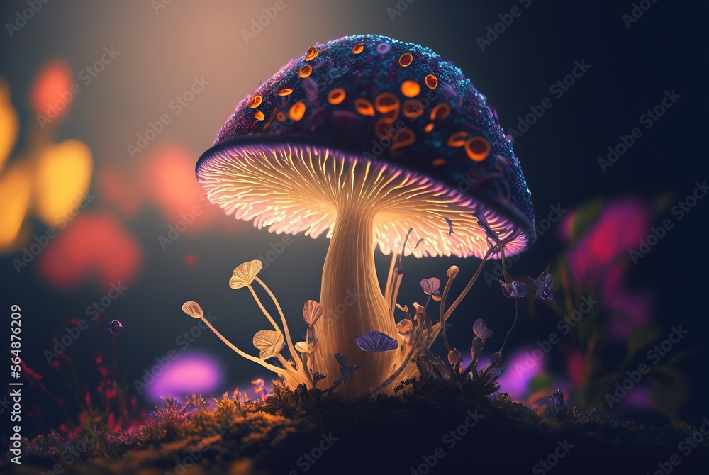 Magic mushroom glowing bright on mythical fantasy forest ground soil ...