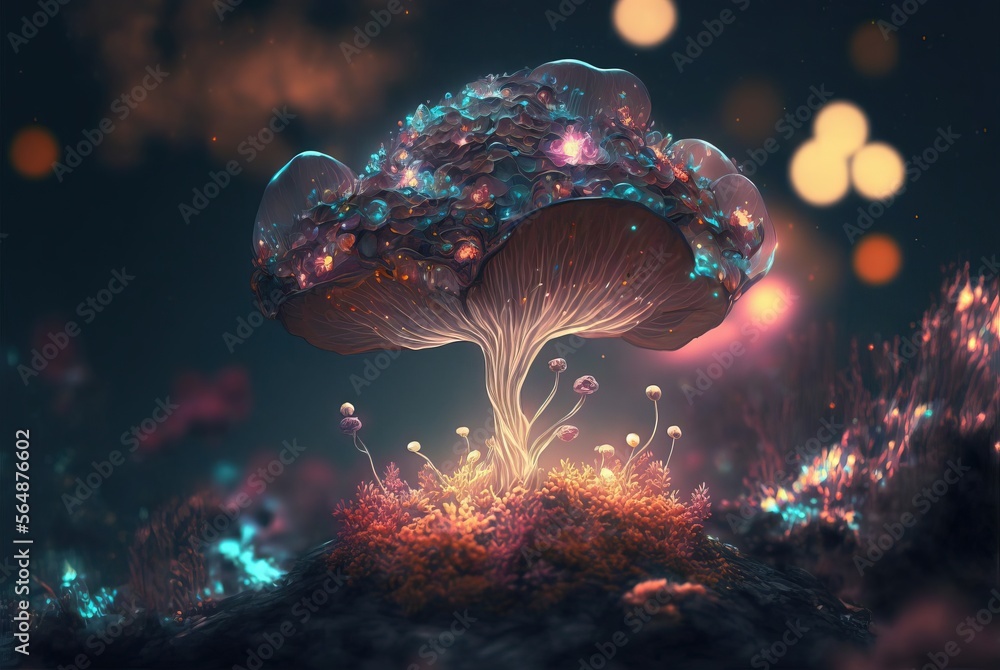 Magic mushroom glowing bright on mythical fantasy forest ground soil ...