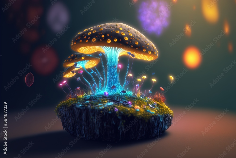 Magic mushroom glowing bright on mythical fantasy forest ground soil ...