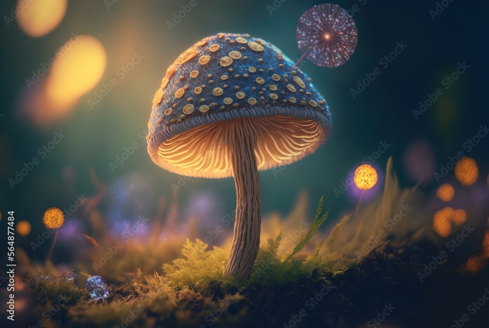 Magic mushroom glowing bright on mythical fantasy forest ground soil ...