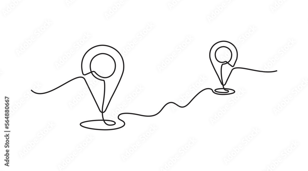 Continuous one line drawing of path and Location pointers. Simple pins on way between two points ...