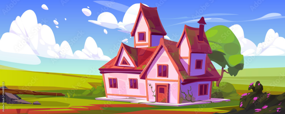 Countryside landscape with farm house, garden with tree and bushes with ...