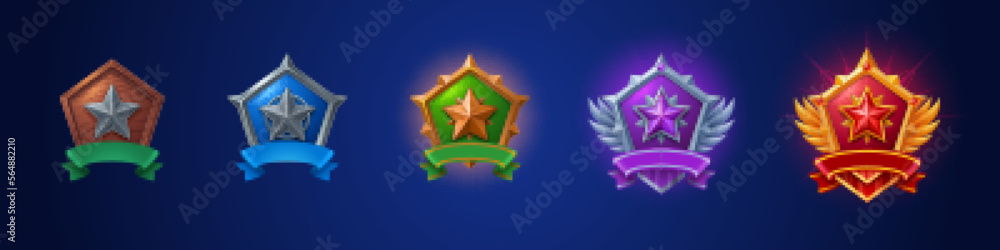 Cartoon set of game badges of different rank isolated on dark blue ...