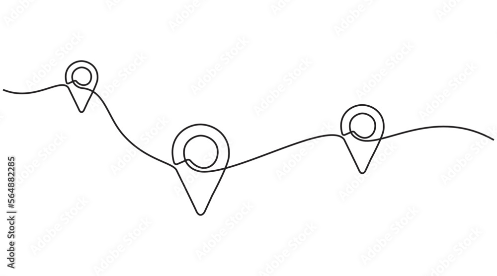 Continuous one line drawing of path and Location pointers. Simple pin between multiple points ...