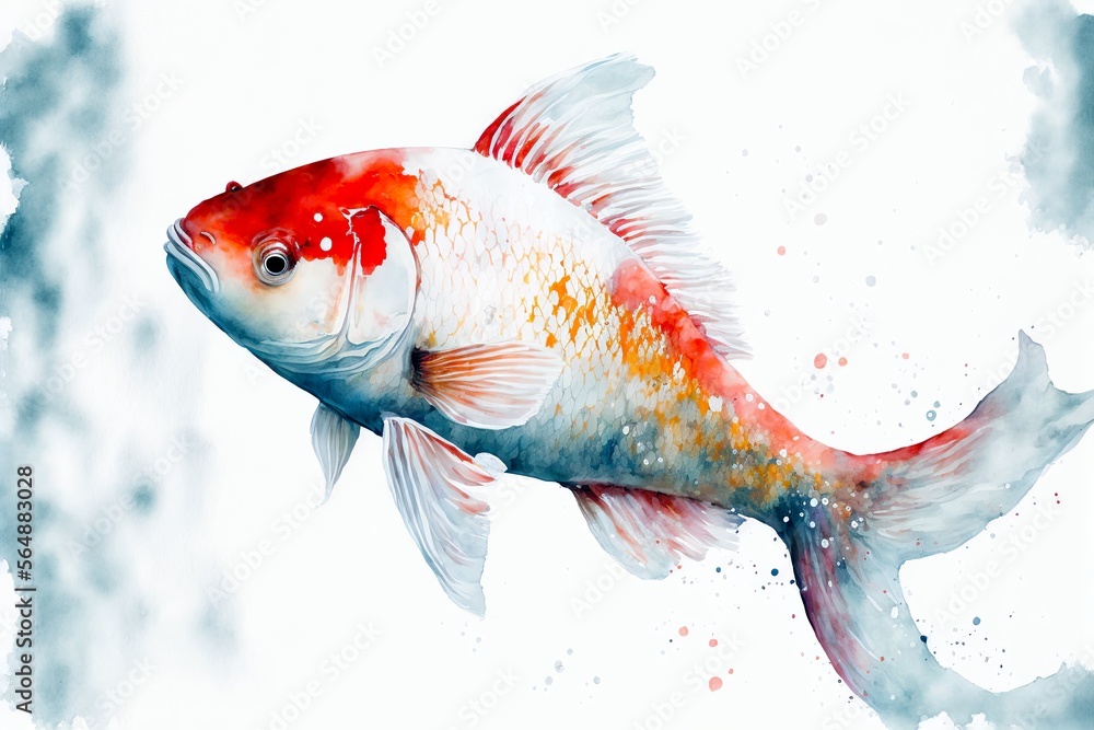 Watercolor Illustration of Colorful Koi Fish Swimming in Water, Pond ...