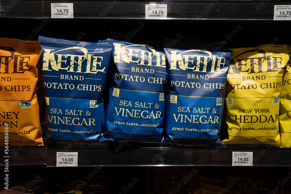 PENANG, MALAYSIA - MAY 14, 2020: Kettle brand potato chips display in ...
