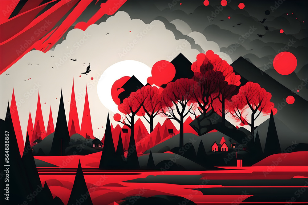 Abstract Mural landscape with red color scheme. modern and minimalistic design, red, white and ...