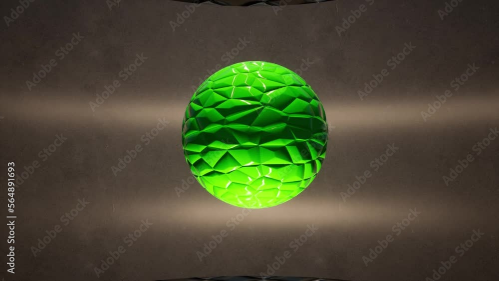 Green glossy sphere rotating slowly in the air, inside minimal space, with bump map applied, 3D ...
