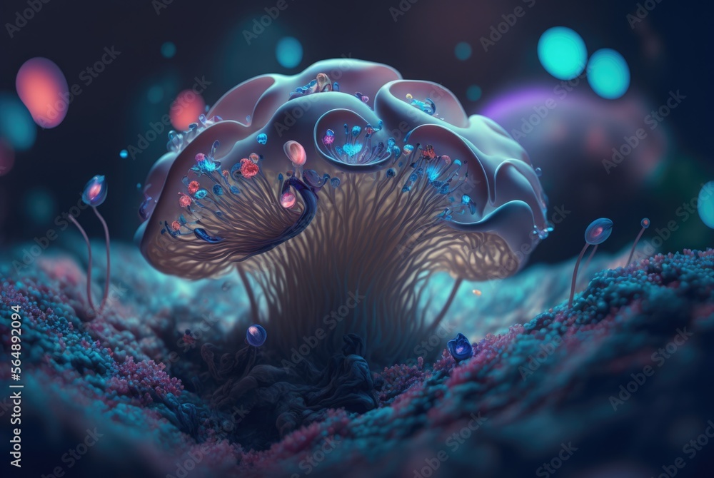 Alien world magical fungus mushroom with vibrant glowing energy stems ...