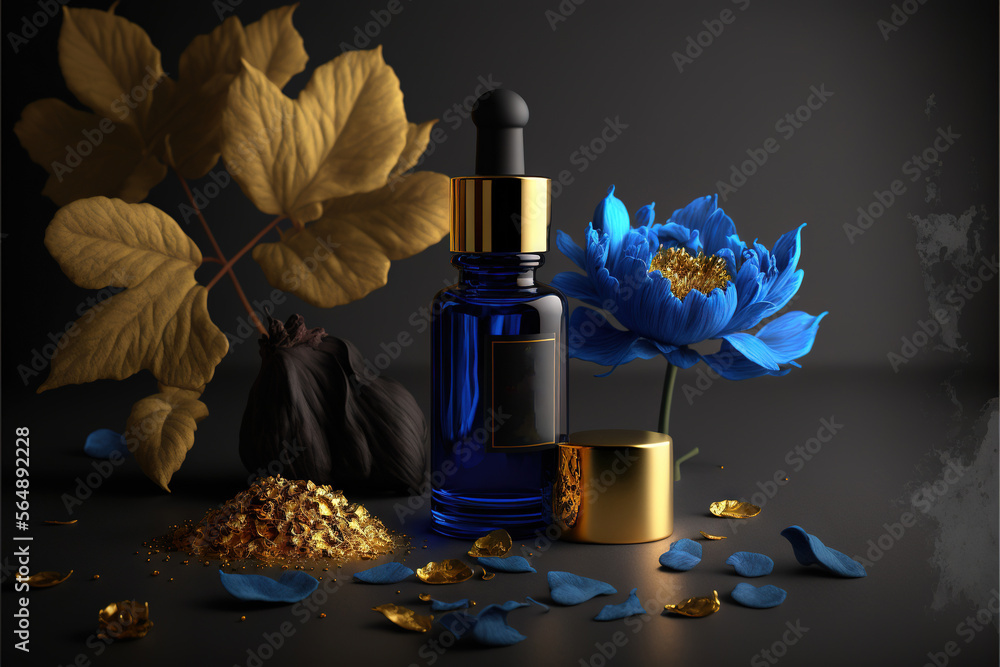a bottle of blue liquid next to a blue flower and gold flakes on a ...