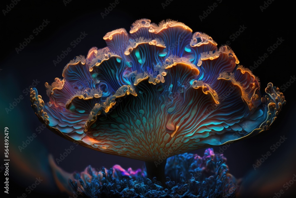 Alien world magical fungus mushroom with vibrant glowing energy stems ...