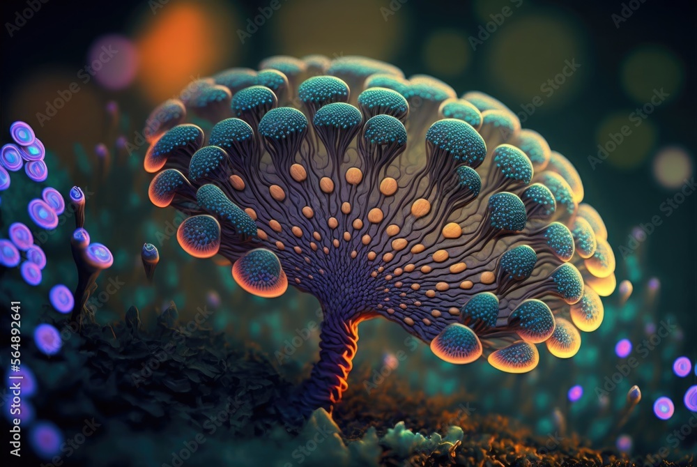 Alien world magical fungus mushroom with vibrant glowing energy stems ...