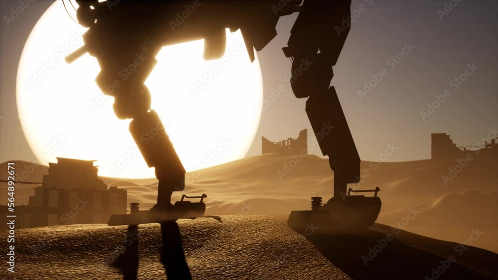 A huge Mech Robot standing in the desert in front of a large sun, with ...