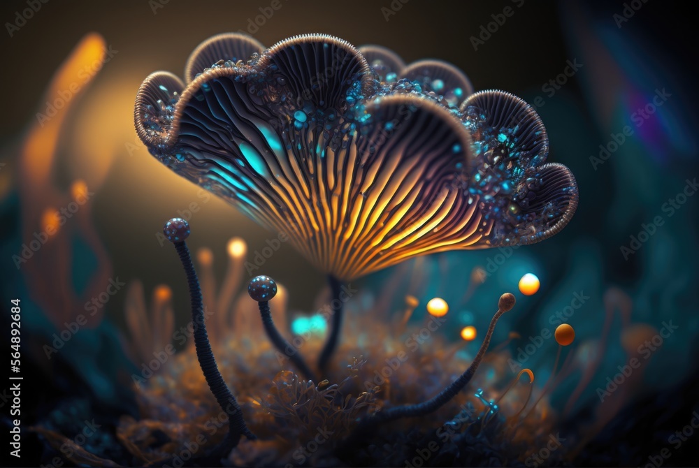 Alien world magical fungus mushroom with vibrant glowing energy stems ...