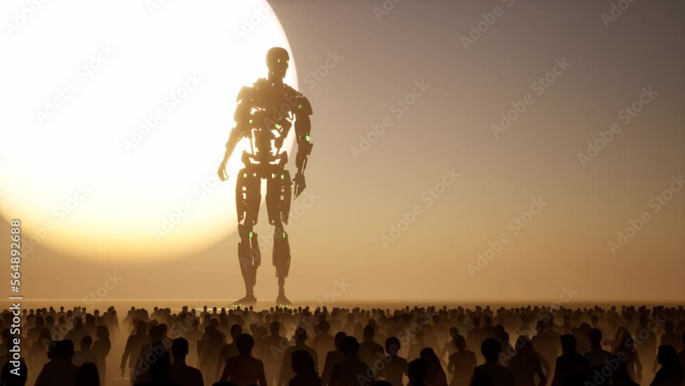 A huge Artificial Intelligence ( AI ) cyborg standing in front of a ...