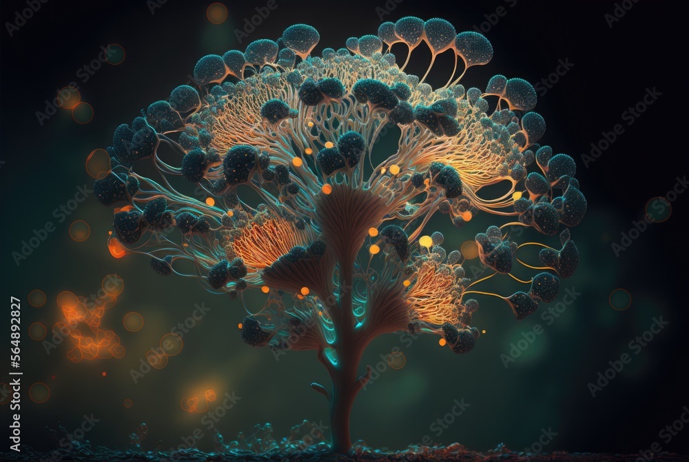 Alien world magical fungus mushroom with vibrant glowing energy stems ...