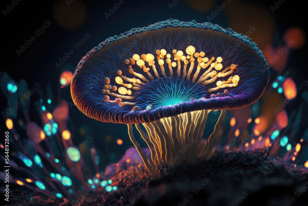 Alien world magical fungus mushroom with vibrant glowing energy stems ...