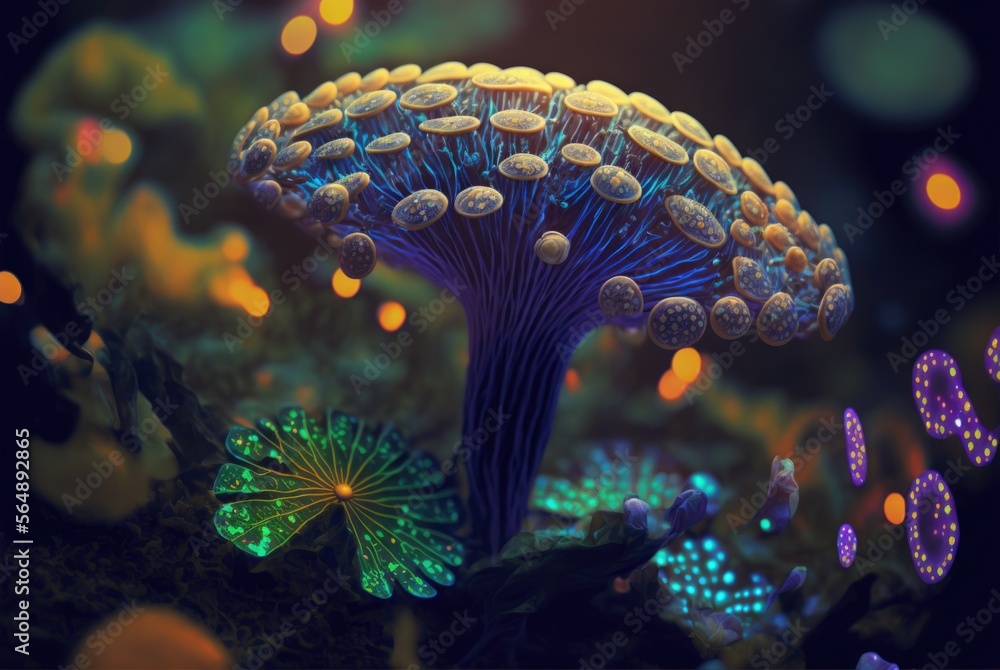 Alien world magical fungus mushroom with vibrant glowing energy stems ...