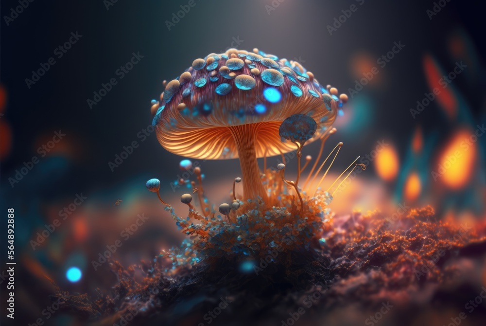 Alien world magical fungus mushroom with vibrant glowing energy stems ...