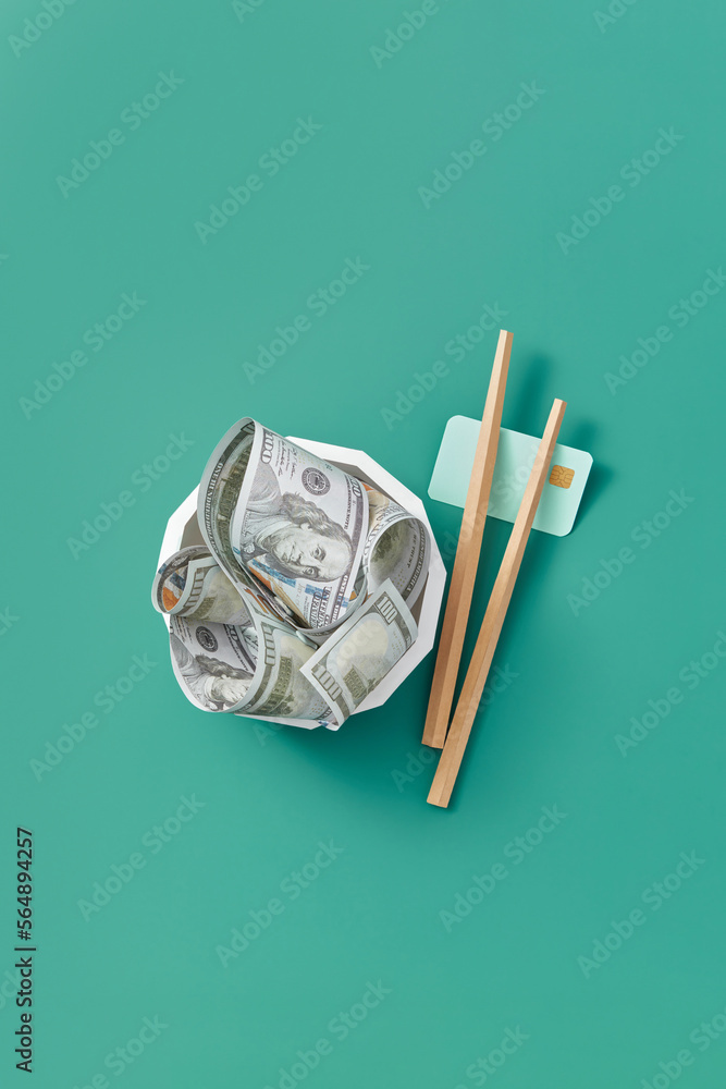 100 dollar banknotes in papercraft bowl as noodles made of money Stock ...