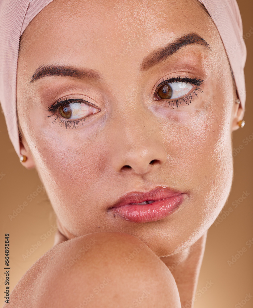 Woman, muslim and studio closeup for beauty, makeup and wellness with ...