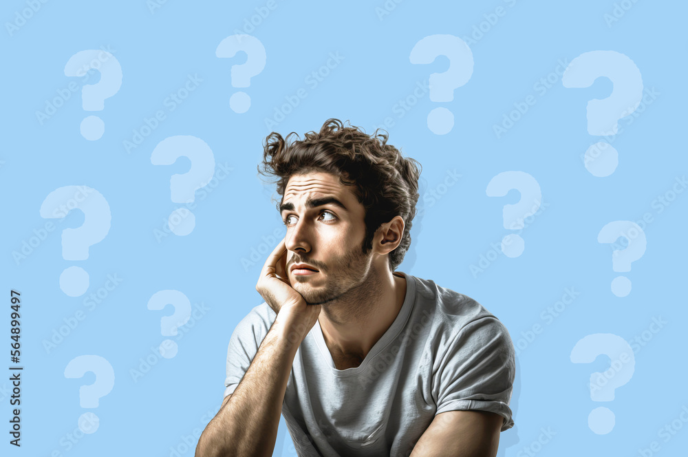 A fictional thoughtful young man thinking with question marks symbol ...