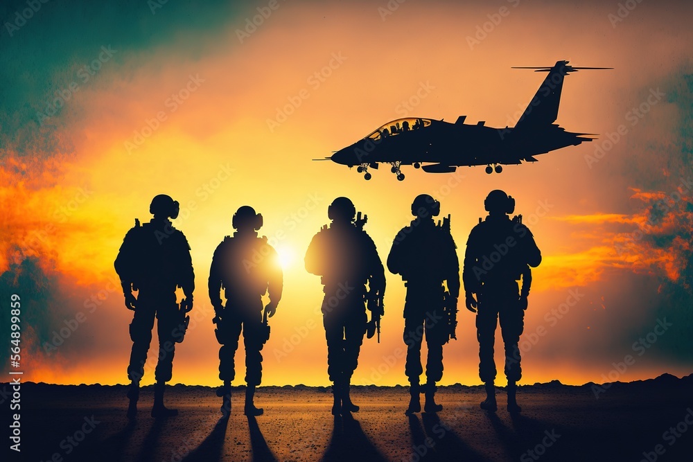 Silhouette of soldiers with military aircraft on sunset background ...