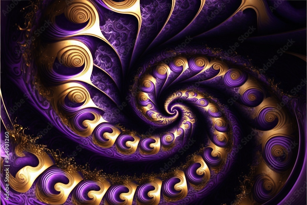 a purple and gold spiral design with a black background and gold ...
