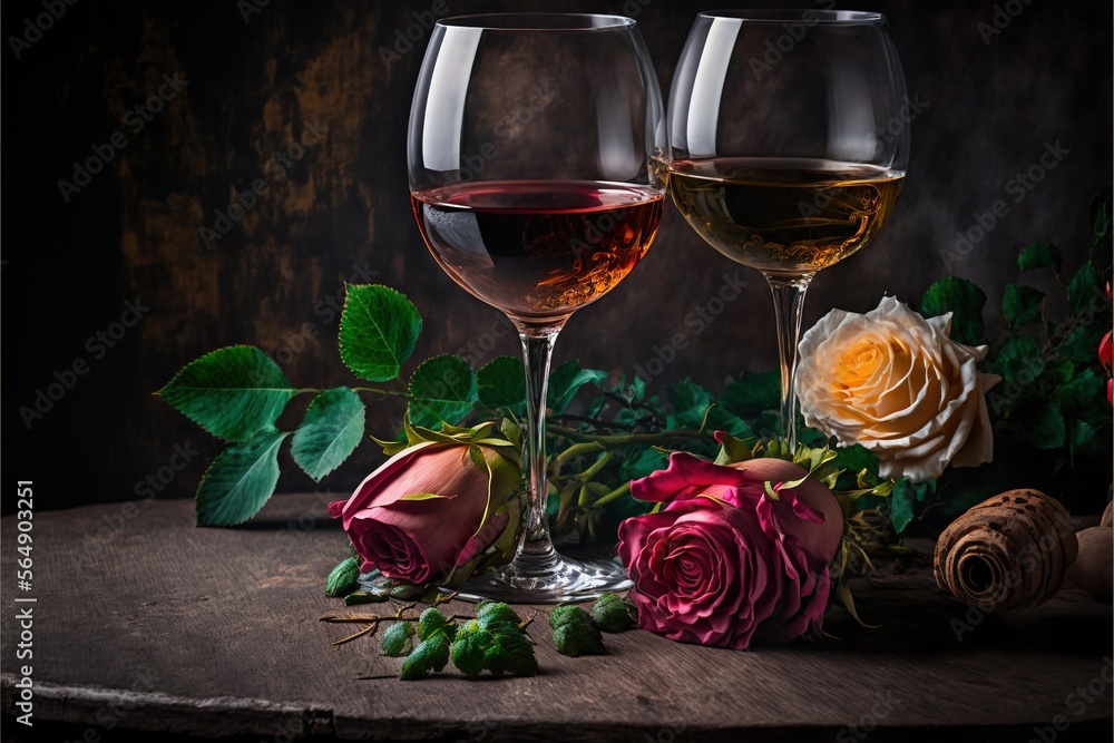 Two Wine Glasses With Wine And Roses On A Table With Wine Corks And Corks On The Table With A